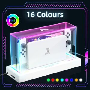 HSTOP Switch Dust Cover with 16 LED Colors Light Base Compatible with Nintendo Switch/OLED, Acrylic Display Case Anti-Scratch Waterproof Dock Cover, Accessories for Nintendo Switch/OLED