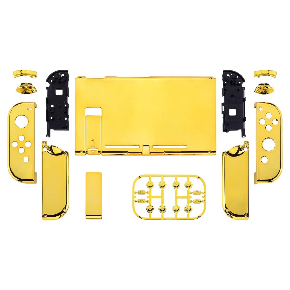 eXtremeRate DIY Replacement Shell Buttons for Nintendo Switch, Back Plate for Switch Console, Housing with Full Set Buttons for Joycon Handheld Controller - Chrome Gold [No Electronics Parts]