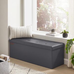 SONGMICS 43 Inches Folding Storage Ottoman Bench, Storage Chest, Footrest, Coffee Table, Padded Seat, Faux Leather, Holds up to 660 lb, Dark Gray ULSF070G01