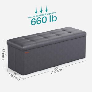 SONGMICS 43 Inches Folding Storage Ottoman Bench, Storage Chest, Footrest, Coffee Table, Padded Seat, Faux Leather, Holds up to 660 lb, Dark Gray ULSF070G01