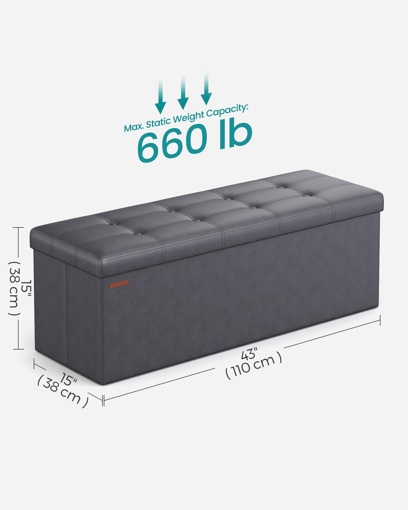 SONGMICS 43 Inches Folding Storage Ottoman Bench, Storage Chest, Footrest, Coffee Table, Padded Seat, Faux Leather, Holds up to 660 lb, Dark Gray ULSF070G01