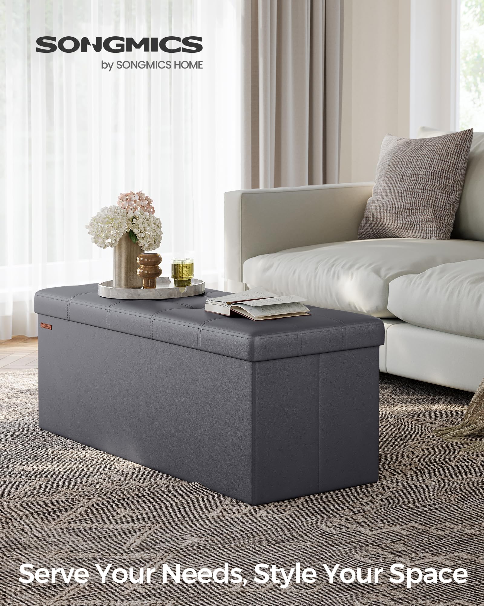 SONGMICS 43 Inches Folding Storage Ottoman Bench, Storage Chest, Footrest, Coffee Table, Padded Seat, Faux Leather, Holds up to 660 lb, Dark Gray ULSF070G01