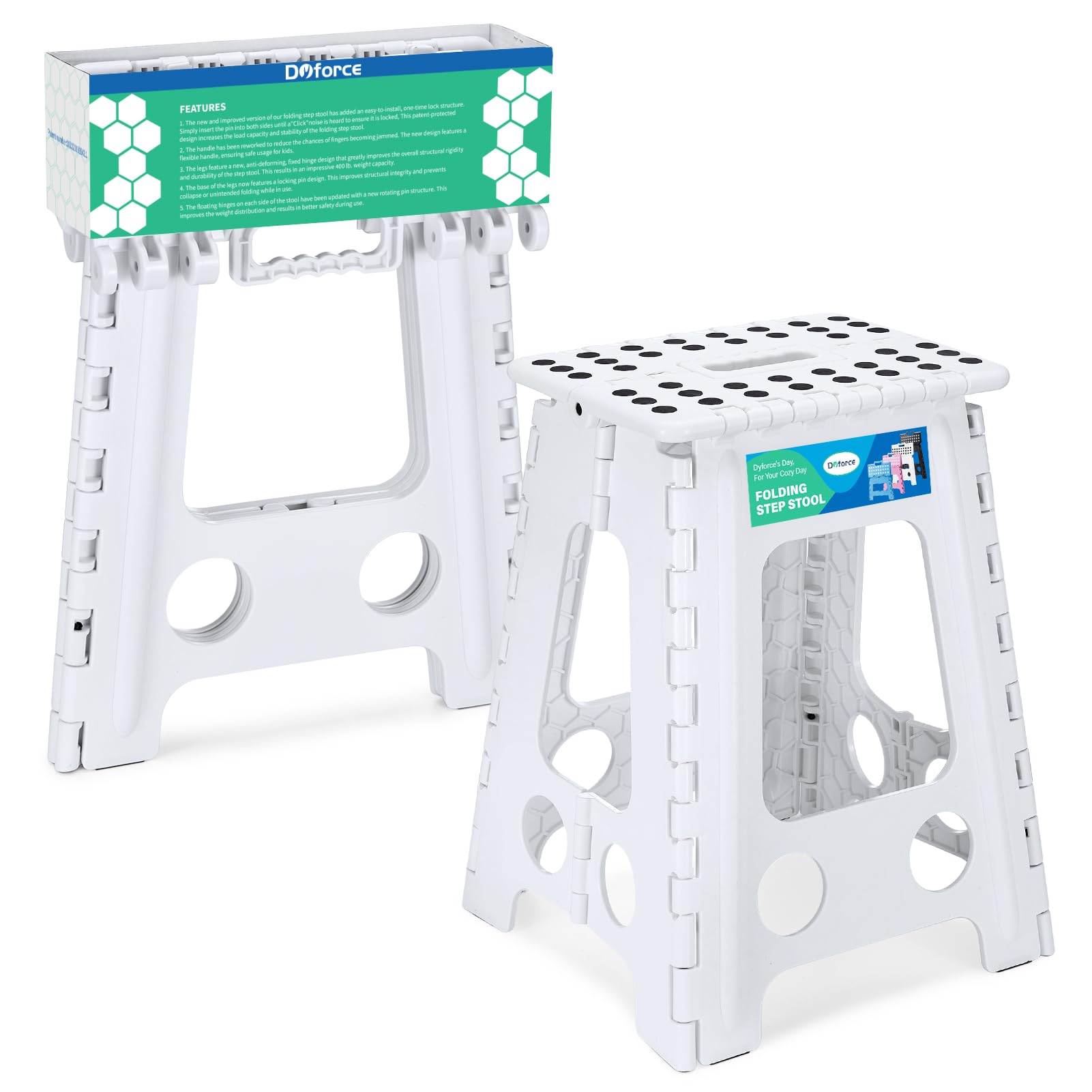 Dyforce 17.5 Inch Folding Step Stool 400lbs Capacity Sturdy Plastic Foldable Step Stools for Adults & Kids Stepping Stool with Handle Easy to Carry Handle Folding Stool Ideal for Kitchen (White 1PC)