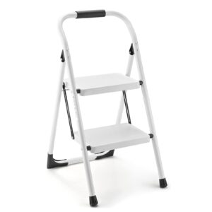 step stool for adults,2 step ladder folding 330 lbs anti slip step stool,foldable ergonomic 2 steel stool with wide pedal for home, kitchen, office (white)