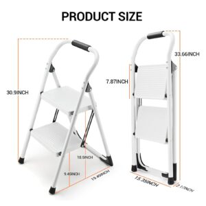 Step Stool for Adults,2 Step Ladder Folding 330 lbs Anti Slip Step Stool,Foldable Ergonomic 2 Steel Stool with Wide Pedal for Home, Kitchen, Office (White)