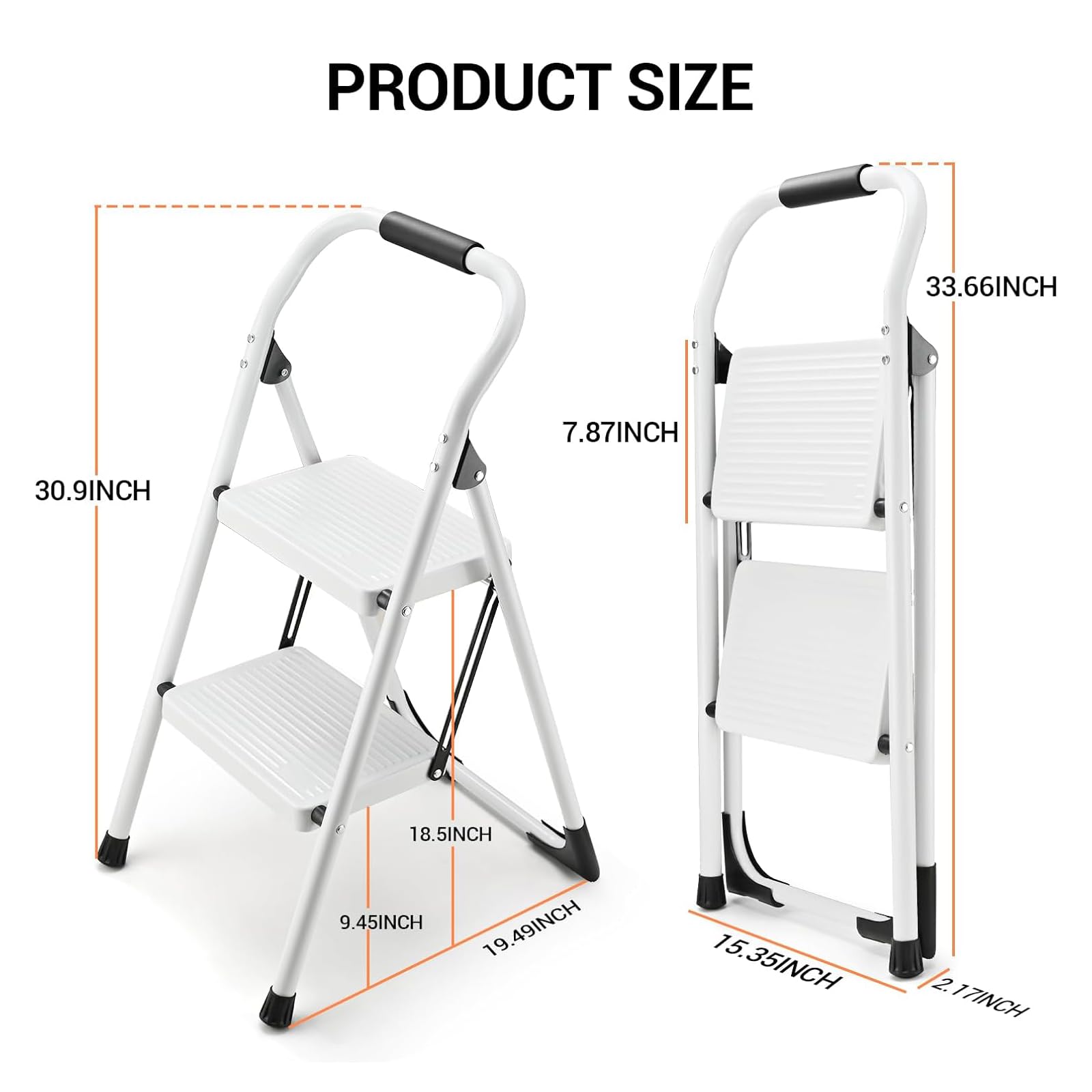 Step Stool for Adults,2 Step Ladder Folding 330 lbs Anti Slip Step Stool,Foldable Ergonomic 2 Steel Stool with Wide Pedal for Home, Kitchen, Office (White)