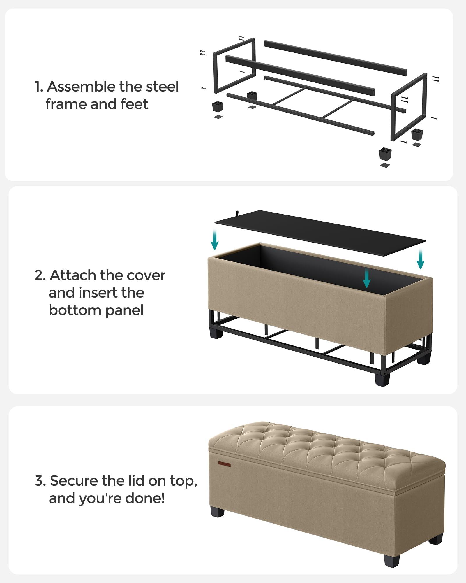 SONGMICS Storage Ottoman Bench, Foldable Foot Rest with Legs, 15.7 x 43 x 15.7 Inches, End of Bed Bench, Storage Chest, Load up to 660 lb, for Living Room, Bedroom, Entryway, Camel Brown ULSF088R01