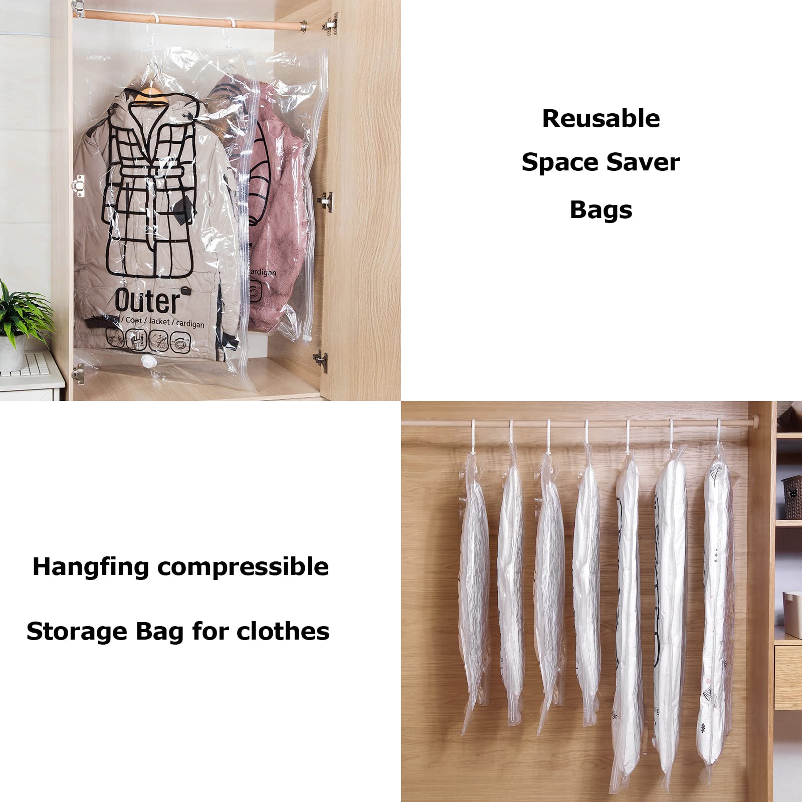 Hanging Vacuum Storage Bags, 2024 New Reusable Hanging Vacuum Storage Bags for Clothes, Coats, Jackets, Hanging Compressible Storage Bag Space Saver Bags with Hand Pumps (Large, 5Pcs)