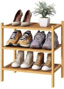 kiplant small shoe rack, bamboo wood shoe rack for entryway, stackable | foldable | natural, 3-tier shoe organizer for hallway closet, free standing shoe racks for indoor & outdoor