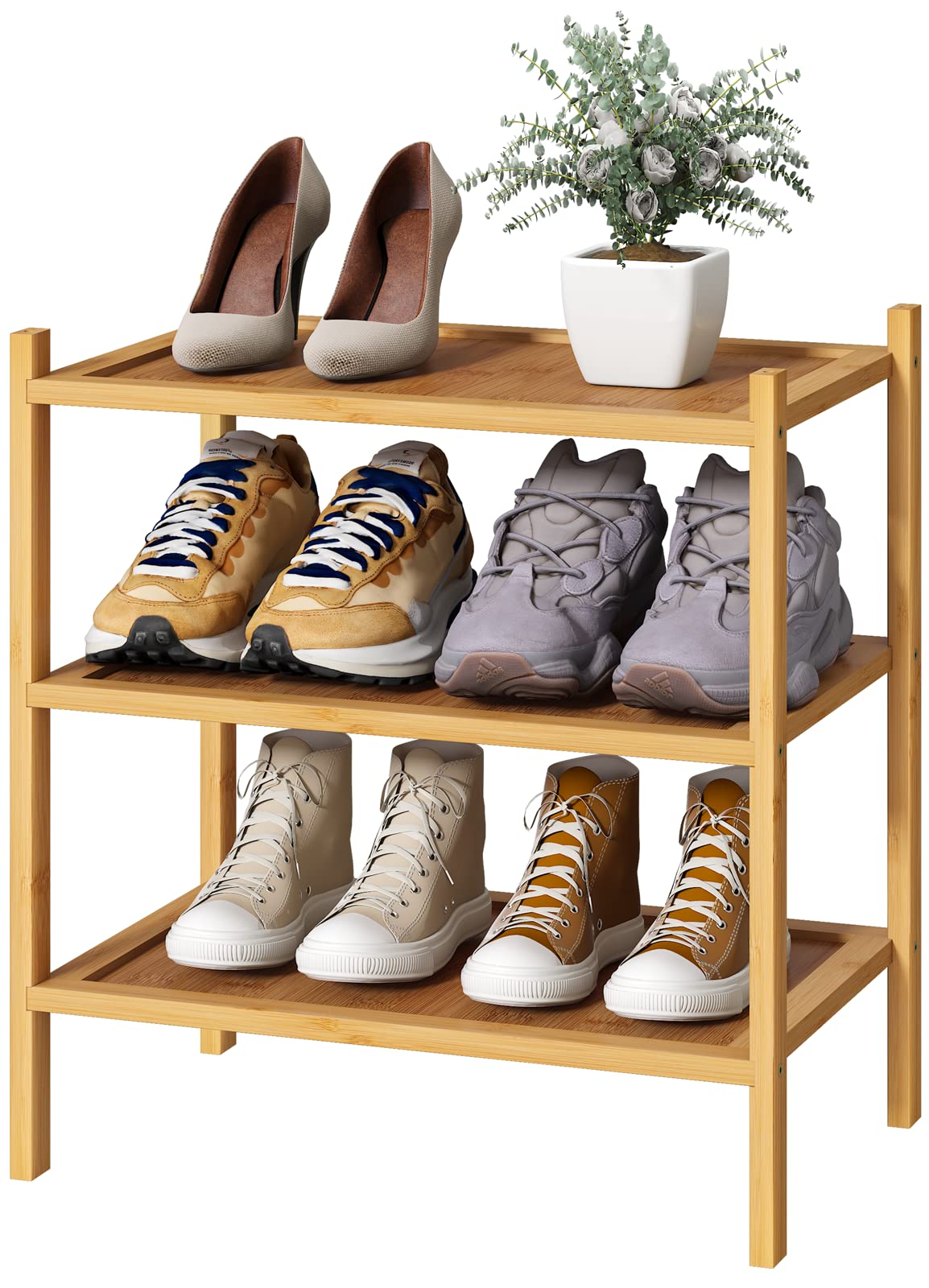 kiplant Small Shoe Rack, Bamboo Wood Shoe Rack for Entryway, Stackable | Foldable | Natural, 3-Tier Shoe Organizer for Hallway Closet, Free Standing Shoe Racks for Indoor & Outdoor