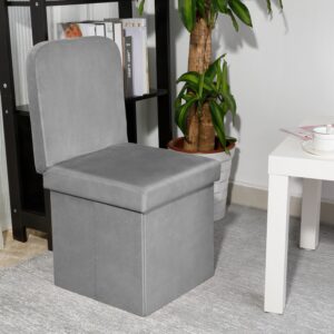 B FSOBEIIALEO Velvet Storage Ottoman with Seat Back, Folding Chair for Living Room, Room Organizer Storage Cubes, Toy Chest Storage Box (Grey, Medium)