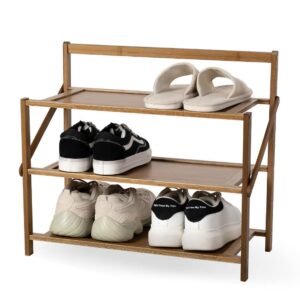 small 3-tier shoe rack for closet & entryway, installation-free foldable bamboo shoes storage organizer, sturdy free standing three shelf shoe stand for 6-9 pairs, brown 20x18x9 inches