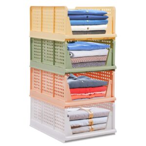 4-pack folding wardrobe storage box plastic drawer organizer stackable shelf baskets cloth closet container bin cube home office bedroom laundry drawer dividers for clothes toy organization (colorful)