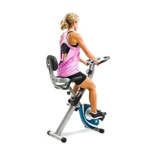 xterra fitness folding exercise bike, 225 lb weight capacity, cordless, battery powered with solid x-frame folding design, padded seat and handlebars, adjustable foot straps, 8 levels of resistance