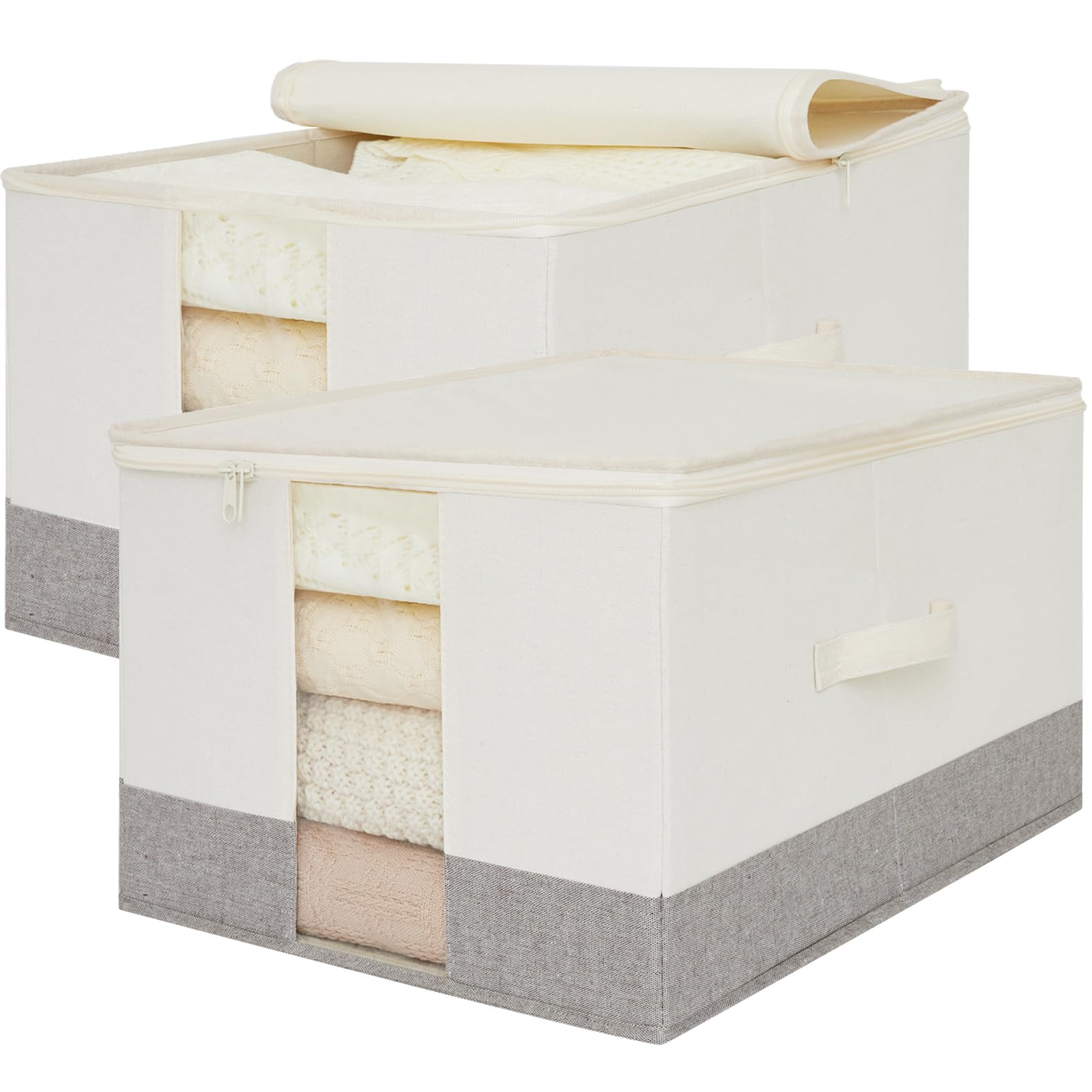 LoforHoney Home Large Storage Bins with Lids, Collapsible Storage Bins with Clear Windows, Blanket Storage Baskets with Zip Lids, Closet Storage Bins for Clothes, Beige & Gray, 2-Pack, 17.7x13.8x9.8