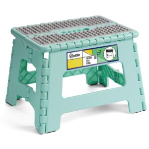 uinicor 9" folding step stool for adults and kids holds up to 300 lbs,non-slip folding stools with handle, compact plastic foldable step stool for bathroom,bedroom, kitchen,teal 1pc