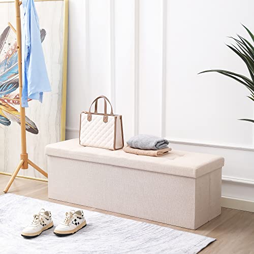 CUYOCA 45.3 Inches Storage Ottoman Bench Foldable Seat Footrest Shoe Bench End of Bed Storage, 166L Storage Upholstered Tufted Bench, Linen Fabric Cream