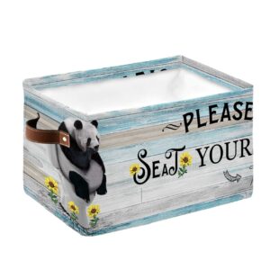 Storage Bins Cubes Waterproof Cloth Storage Basket, Panda Sitting on Toilet Sunflower Foldable Storage Bags for Shelf Closet Clothes Storage Organizers with Handles 15x11x9.5 in Please Seat Rural Wood