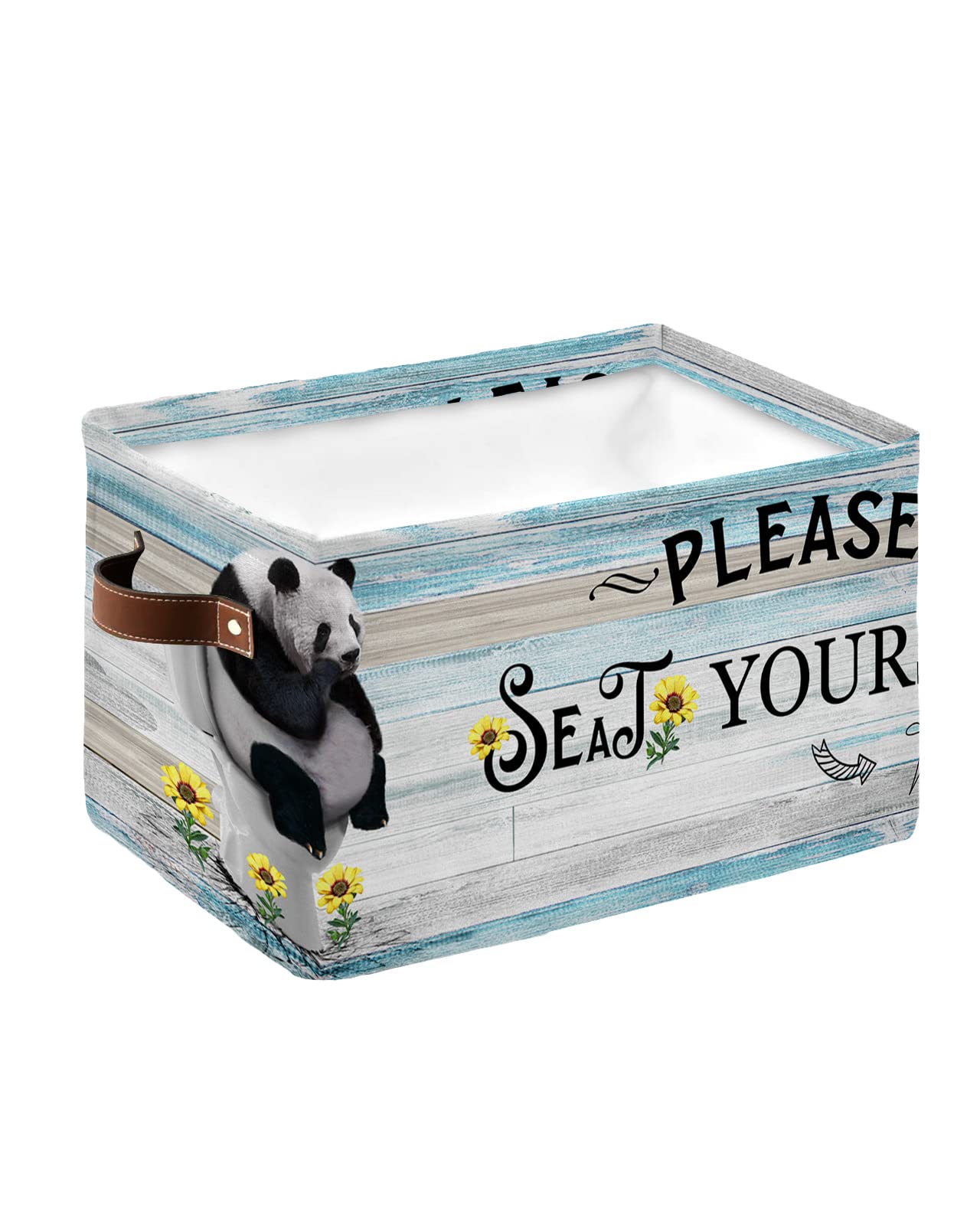 Storage Bins Cubes Waterproof Cloth Storage Basket, Panda Sitting on Toilet Sunflower Foldable Storage Bags for Shelf Closet Clothes Storage Organizers with Handles 15x11x9.5 in Please Seat Rural Wood