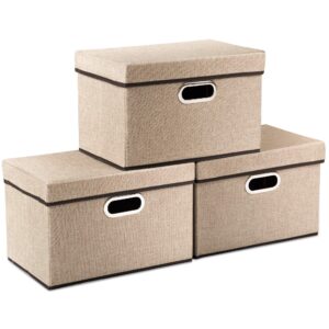 prandom collapsible storage cubes with lids [3-pack] jute fabric foldable storage boxes organizer containers baskets bins with cover for home bedroom closet office nursery (14.9x9.8x9.8)