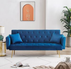 72"modern velvet sofa bed futon,convertible folding sleeper bed couches with 3 adjustable backrests,tufted recliner love seat with golden chrome legs for living room apartment office (navy+pillows)