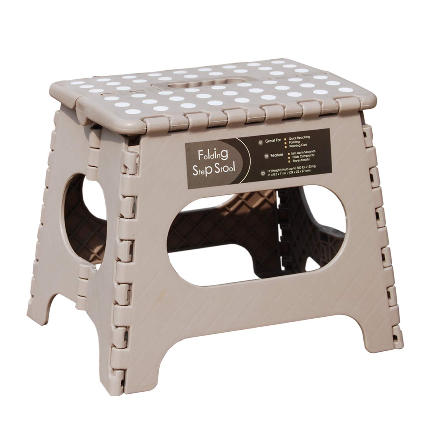 Folding Step Stool - 11" Height - Holds up 300 Lbs lightweight foldable stepping stool is sturdy enough to support adults & safe enough for kids. Skid resistant and open with one flip (Light Tan)