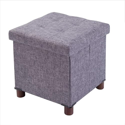 15 Inches Storage Ottoman with Wooden Legs Cube Foot Rest Stool, Square Footstool Storage, Ottoman with Storage for Living Room, Foldable Fabric Ottoman, Comfortable Seat with Lid, Space-Saving Grey