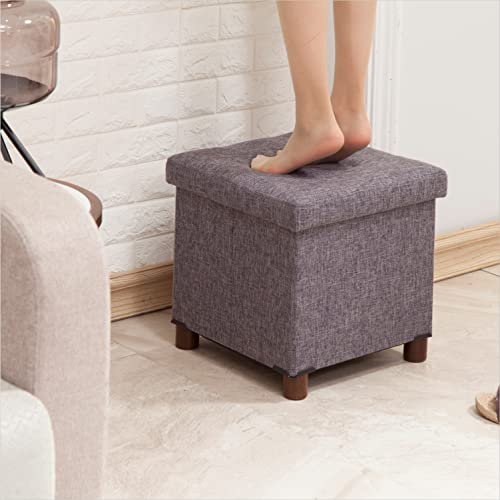 15 Inches Storage Ottoman with Wooden Legs Cube Foot Rest Stool, Square Footstool Storage, Ottoman with Storage for Living Room, Foldable Fabric Ottoman, Comfortable Seat with Lid, Space-Saving Grey