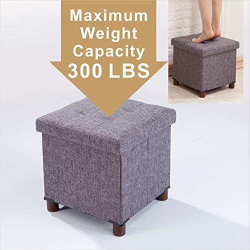 15 Inches Storage Ottoman with Wooden Legs Cube Foot Rest Stool, Square Footstool Storage, Ottoman with Storage for Living Room, Foldable Fabric Ottoman, Comfortable Seat with Lid, Space-Saving Grey