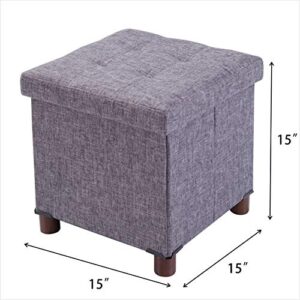 15 Inches Storage Ottoman with Wooden Legs Cube Foot Rest Stool, Square Footstool Storage, Ottoman with Storage for Living Room, Foldable Fabric Ottoman, Comfortable Seat with Lid, Space-Saving Grey