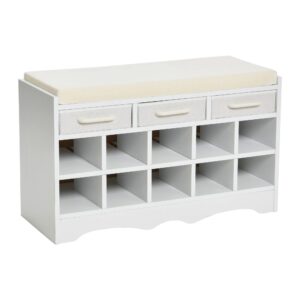 household essentials entryway storage bench with 3 white drawers 10 shoe compartments and cushioned seat in scandinavian white