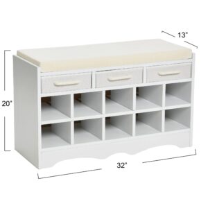 Household Essentials Entryway Storage Bench with 3 White Drawers 10 Shoe Compartments and Cushioned Seat in Scandinavian White