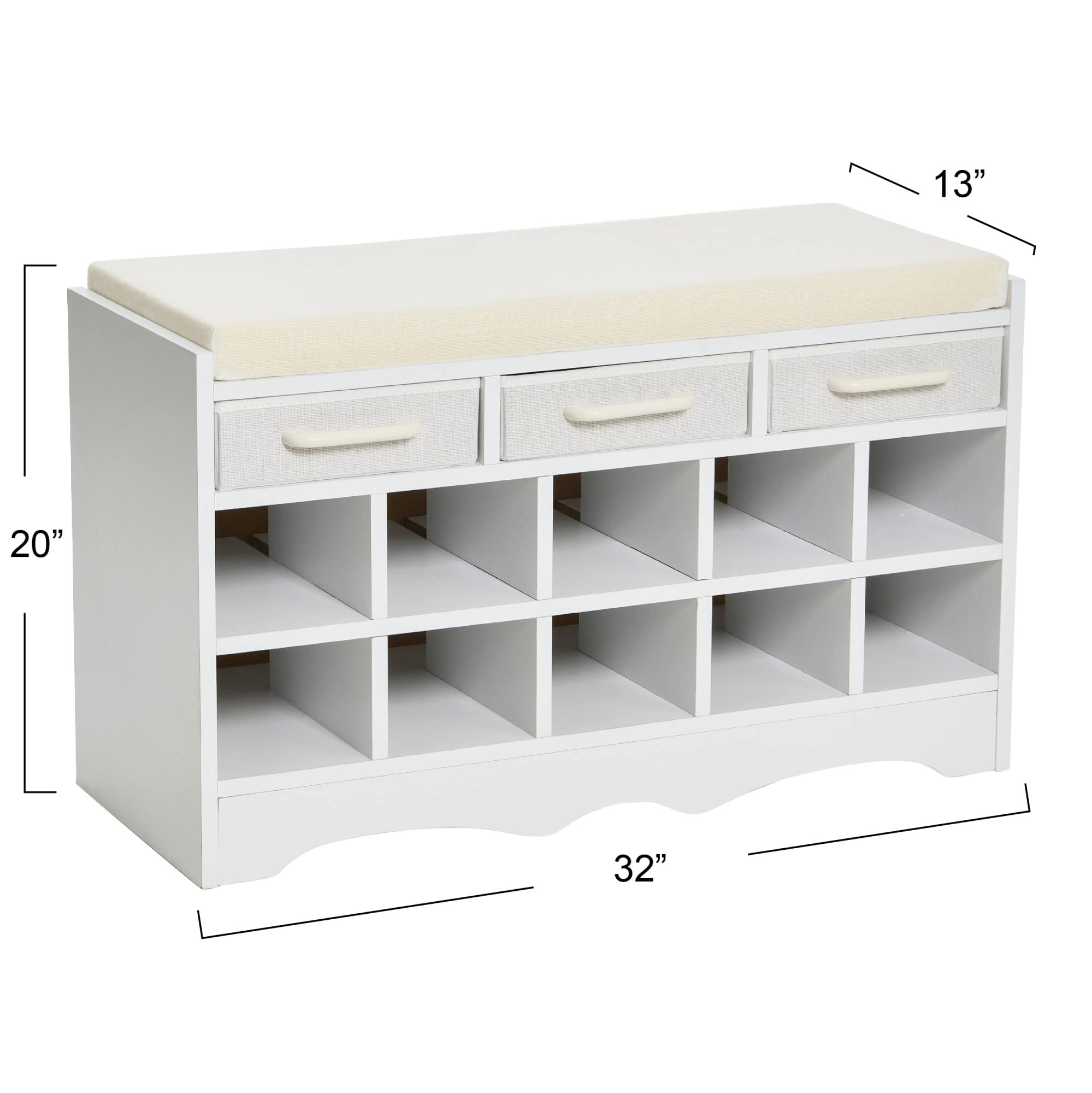 Household Essentials Entryway Storage Bench with 3 White Drawers 10 Shoe Compartments and Cushioned Seat in Scandinavian White