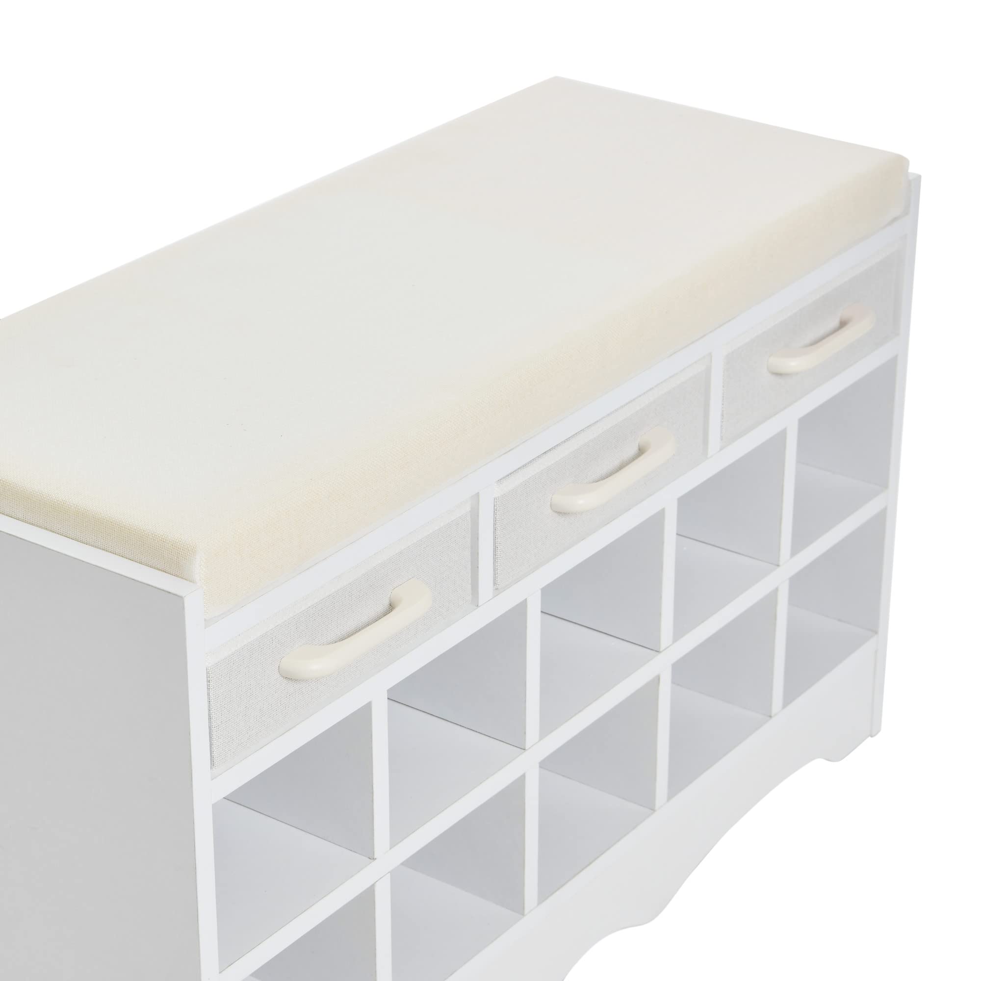 Household Essentials Entryway Storage Bench with 3 White Drawers 10 Shoe Compartments and Cushioned Seat in Scandinavian White