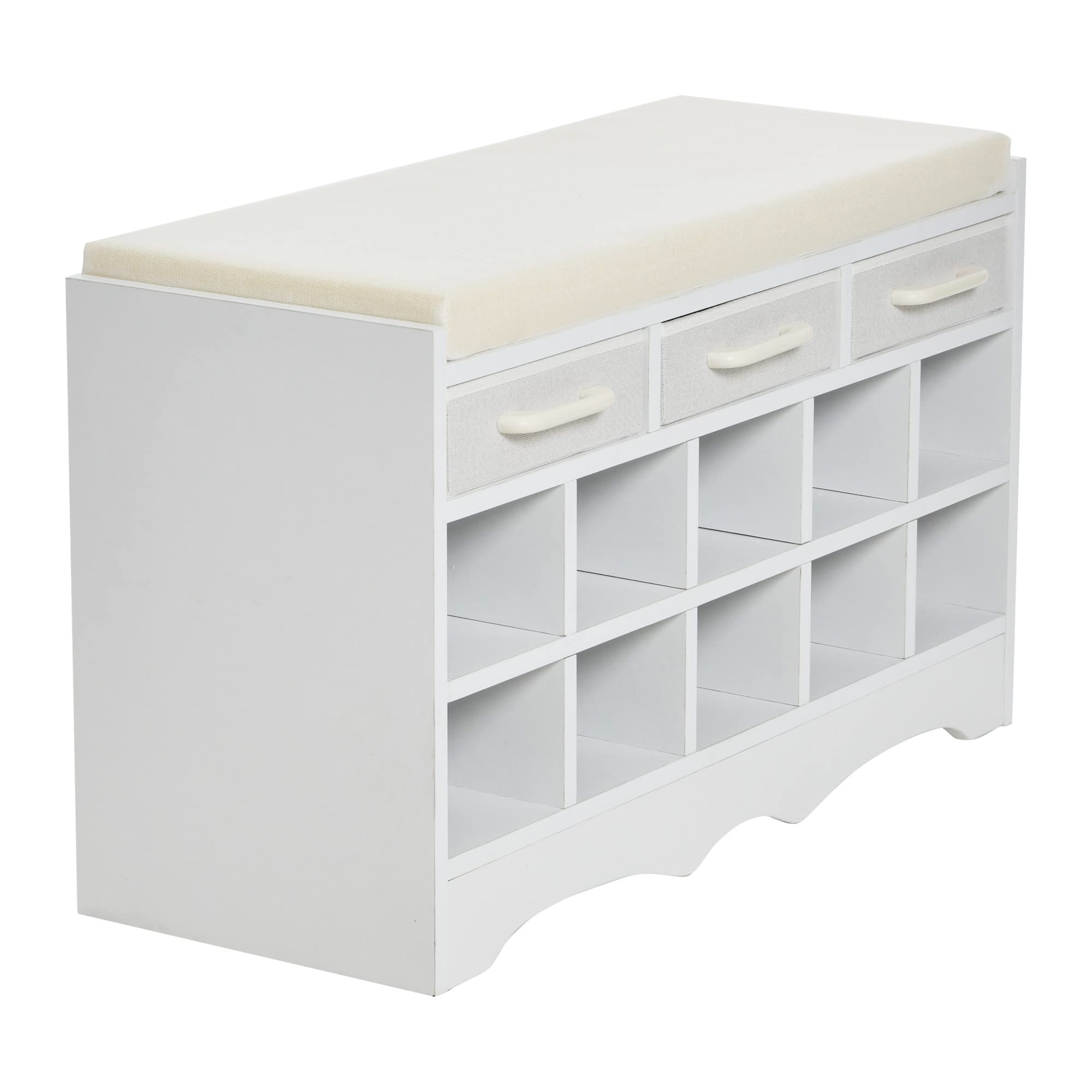 Household Essentials Entryway Storage Bench with 3 White Drawers 10 Shoe Compartments and Cushioned Seat in Scandinavian White