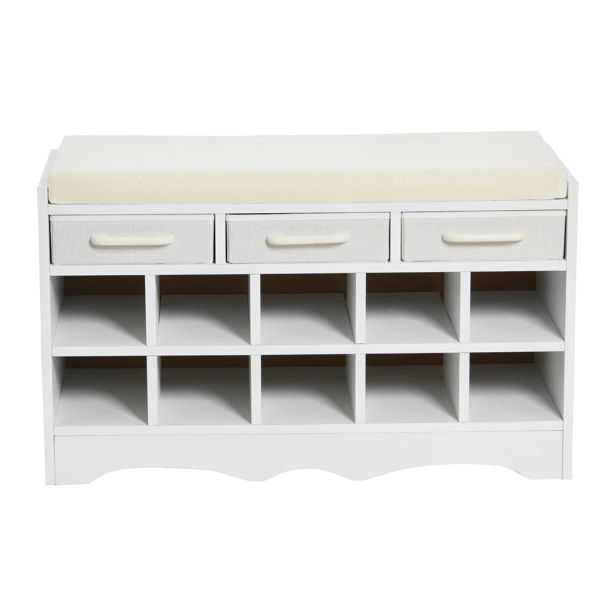 Household Essentials Entryway Storage Bench with 3 White Drawers 10 Shoe Compartments and Cushioned Seat in Scandinavian White