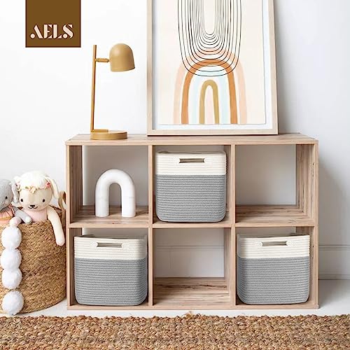 AELS Hand Woven Cotton Baskets for Storage, Cube Storage Bins with Handles, Foldable Collapsible Closet Organizers and Storage, Boho Farmhouse Storage Cubes for Shelves, Beige and Gray