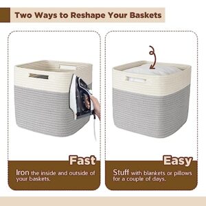 AELS Hand Woven Cotton Baskets for Storage, Cube Storage Bins with Handles, Foldable Collapsible Closet Organizers and Storage, Boho Farmhouse Storage Cubes for Shelves, Beige and Gray