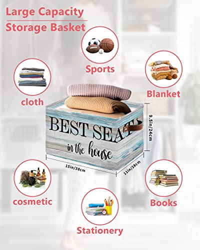 Best Seat in The House Storage Bins 1 Pack, Large Waterproof Storage Baskets for Shelves Closet, Bathroom Retro Toilet Wood Storage Basket Foldable Storage Box Cube Storage Organizer with Handles