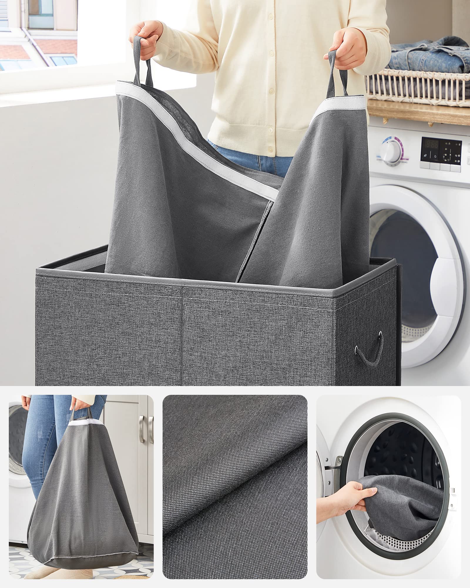 SONGMICS 37.5 Gal. Foldable Laundry Basket with 2 Compartments, Magnetic Lid and Handles, Removable Liner Bag, Dark Gray