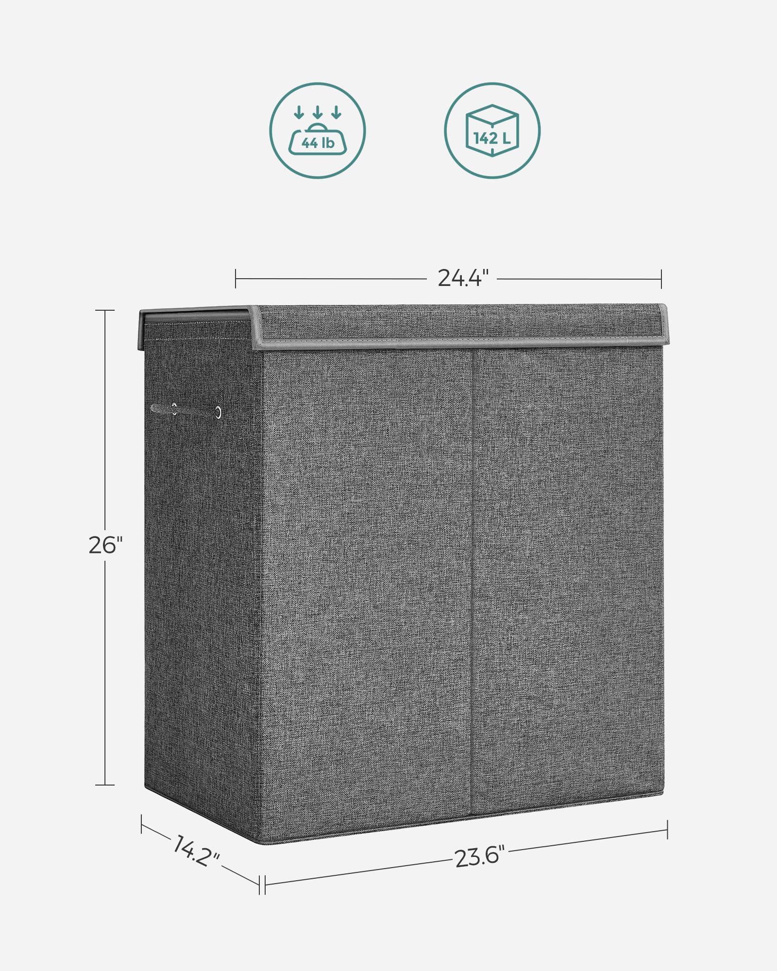 SONGMICS 37.5 Gal. Foldable Laundry Basket with 2 Compartments, Magnetic Lid and Handles, Removable Liner Bag, Dark Gray