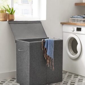 SONGMICS 37.5 Gal. Foldable Laundry Basket with 2 Compartments, Magnetic Lid and Handles, Removable Liner Bag, Dark Gray