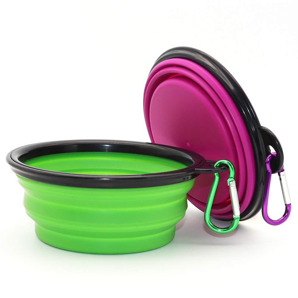 Dog Bowl Pet Collapsible Bowls, 2 Pack Collapsible Dog Water Bowls for Cats Dogs, Portable Pet Feeding Watering Dish for Walking Parking Traveling with 2 Carabiners (Small, Green+Purple)