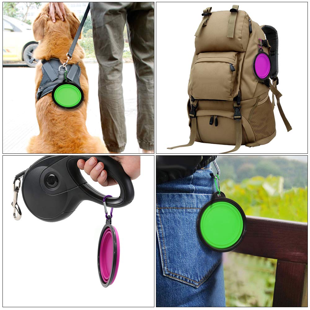 Dog Bowl Pet Collapsible Bowls, 2 Pack Collapsible Dog Water Bowls for Cats Dogs, Portable Pet Feeding Watering Dish for Walking Parking Traveling with 2 Carabiners (Small, Green+Purple)