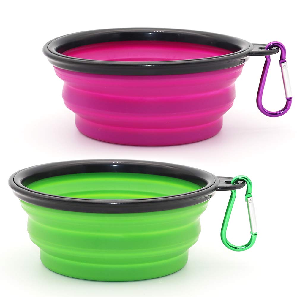 Dog Bowl Pet Collapsible Bowls, 2 Pack Collapsible Dog Water Bowls for Cats Dogs, Portable Pet Feeding Watering Dish for Walking Parking Traveling with 2 Carabiners (Small, Green+Purple)