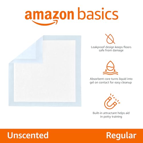 Amazon Basics Dog and Puppy Pee Pads with 5-Layer Leak-Proof Design and Quick-Dry Surface for Potty Training, Standard Absorbency, Regular Size, 22 x 22 Inch - Pack of 50, Blue & White