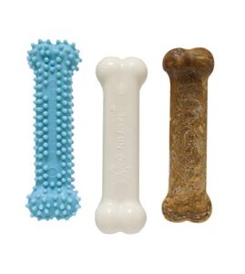 nylabone puppy triple pack - blue puppy teething toy, nylon dog toy, & chew treat variety pack - puppy supplies - chicken and bacon flavors, small/regular (3 count)