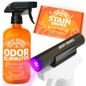 angry orange pet odor eliminator for strong - citrus deodorizer dog or cat pee smells on carpet, furniture & indoor outdoor floors puppy supplies (24 fl oz + uv flashlight)