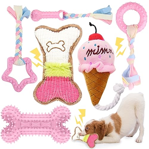 BAEJMJK 6 Pack Puppy Teething Toys Pink Small Breed Dog Chew Toys with Rope Cute Soft Rubber Puppy Toys Set for Cleaning Teeth Interactive Pet Doggy Bone Toys