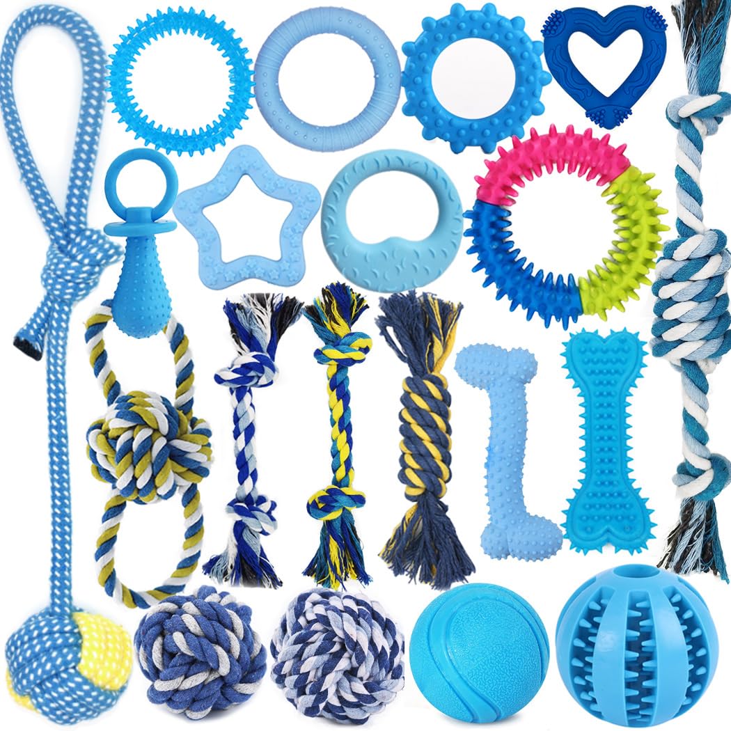 Beiker 20 Pack Puppy Chew Toys - Blue Dog Teething Toys for Puppies, Puppy Toys Teething Rings and Durable Ropes, Blue Rubber Toy Bundle for Small Dogs, Cute Interactive Dog Balls for Small Breed